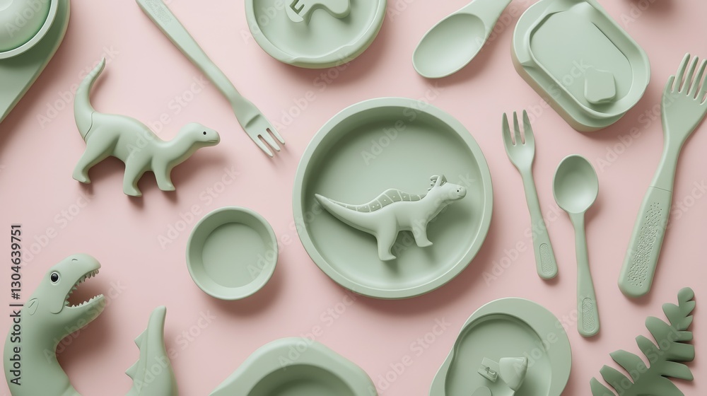 Organic kids dining collection isometric view, natural sage green color ...