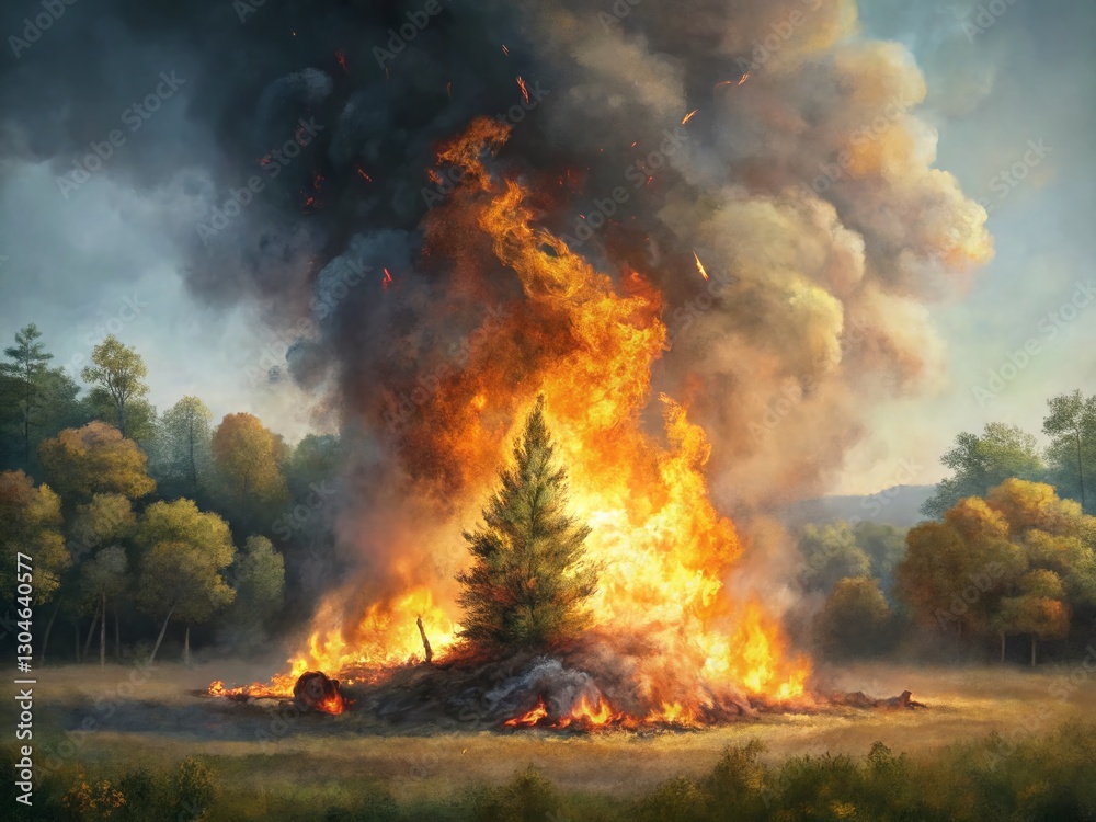 Majestic Daytime Bonfire in Forest Meadow: Huge Flames & White Smoke ...