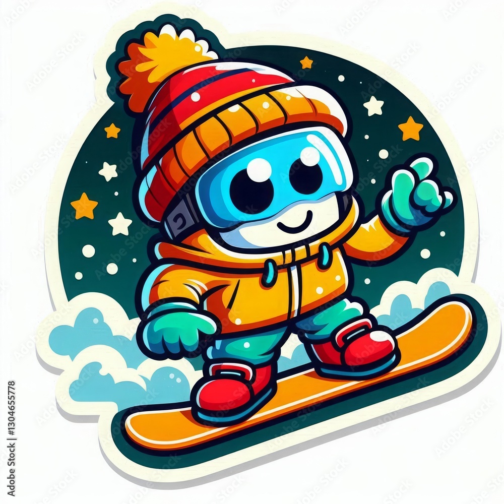 Smiling character snowboarding at night, wearing beanie and goggles ...