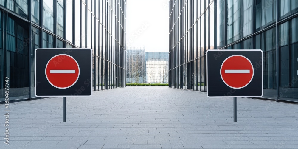 law restriction policy concept. Two no entry signs flanking a modern ...