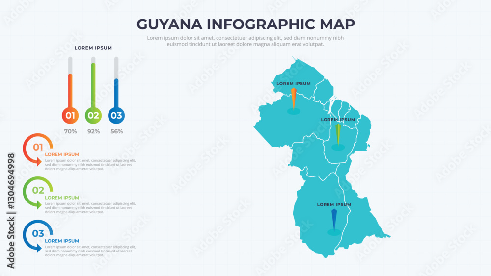 Infographic Map of Guyana. Guyana country map infographic colored vector template with regions ...