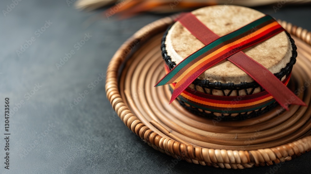 National Native HIV/AIDS Awareness Day Ribbon On A Tribal Drum. A red ...