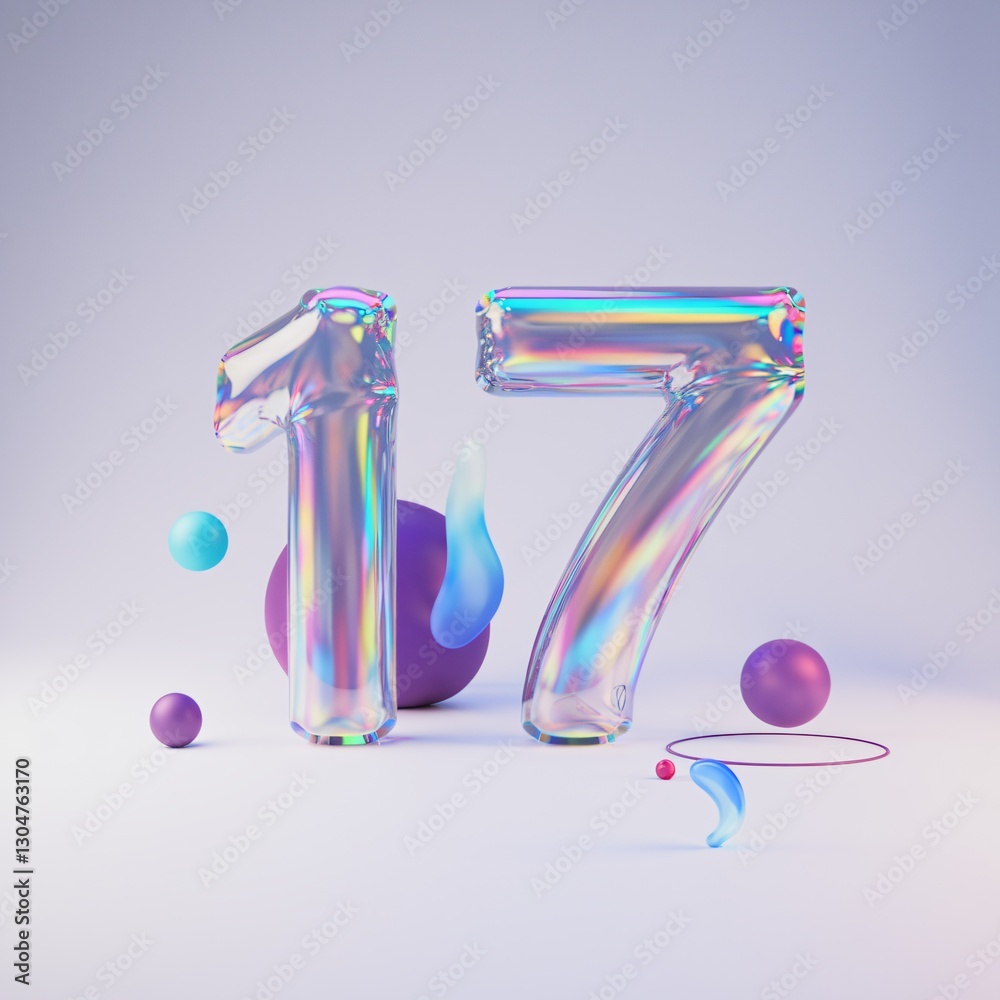 3D Glossy Transparent Number Seventeen with Rainbow Reflection on Light ...