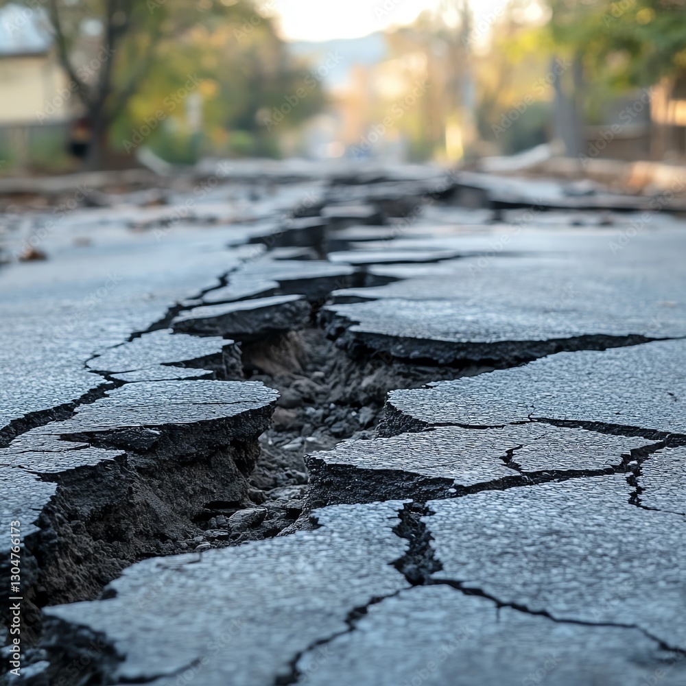 A split road caused by an earthquake, featuring broken asphalt, ground ...