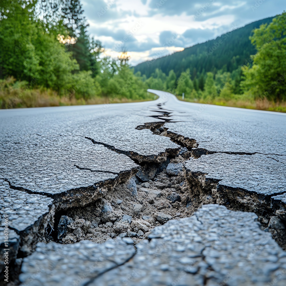 Earthquake effect with a road split in two, broken asphalt, deep cracks ...