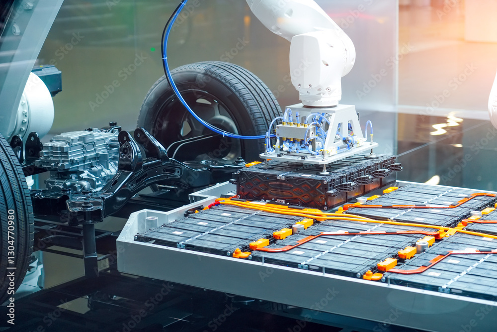 Mechanical engineering robotic arm installs lithium ion batteries into ...