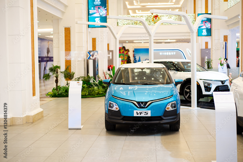 VinFast VF 5 or Herio Green display at upscale Vincom shopping mall, a ...