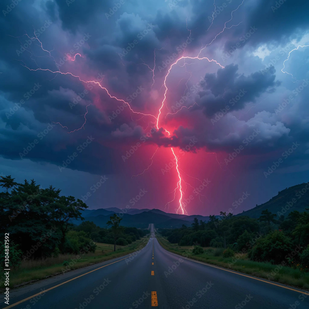 A dramatic red lightning storm illuminating the dark sky with intense ...