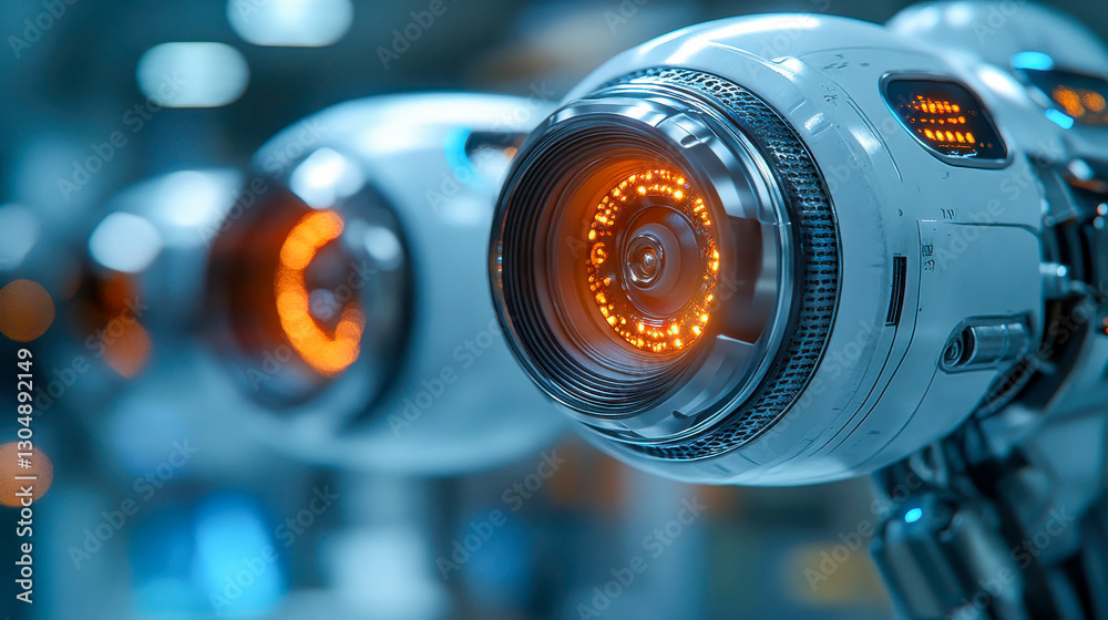 Robotic cameras with bright orange illumination in a high-tech lab ...