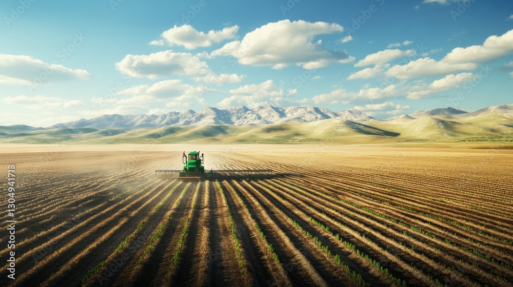 Farming field with automated farming machines working in a vast open ...