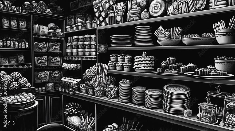 Retro candy store shelves, sweets galore, vintage shop interior Stock ...