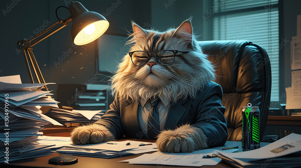 Stressed Persian Cat in Business Suit with Burnout, Sitting at a ...