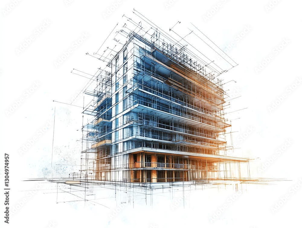 Blueprint diagram of a building under construction, architectural ...