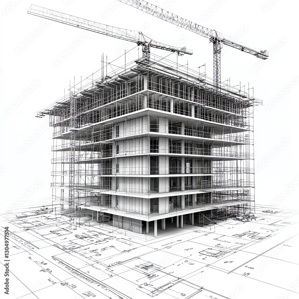 Detailed building construction blueprint with floor plans, technical ...