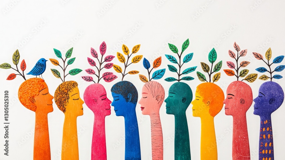 Embracing diversity innovation. Colorful illustrated heads with leaves ...