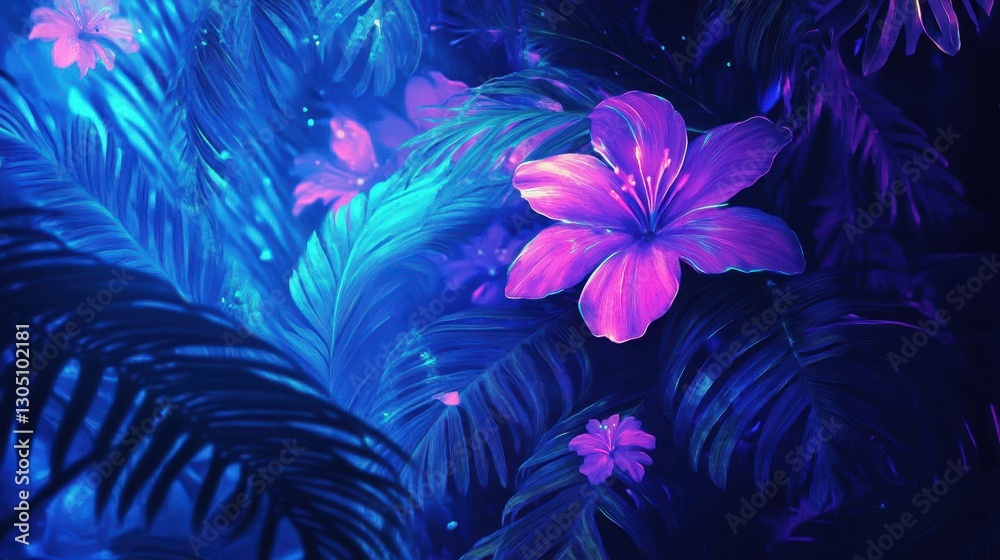 Psychedelic neon jungle with glowing petals falling gently through ...