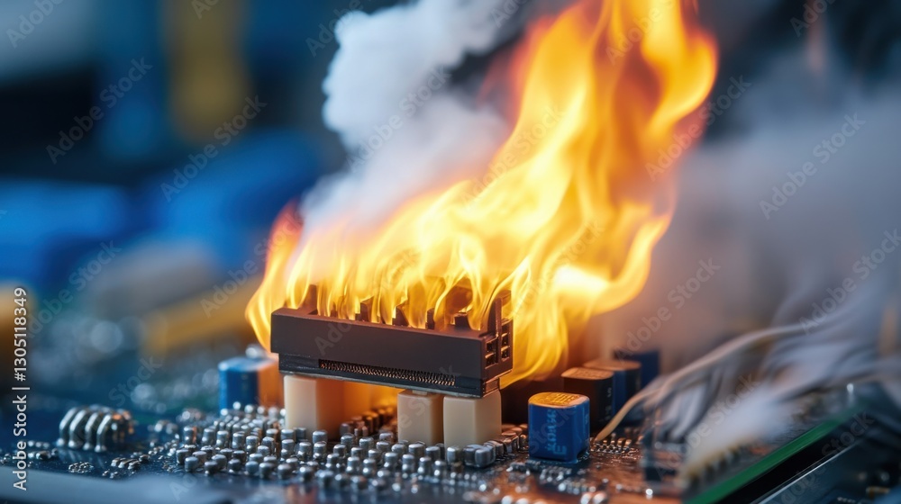 Burning computer motherboard with flames and smoke, Computer hardware ...