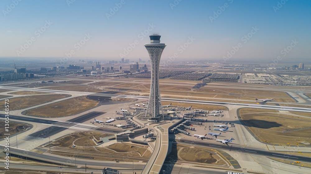 Aerial view of a modern air traffic control tower with airplanes taking ...