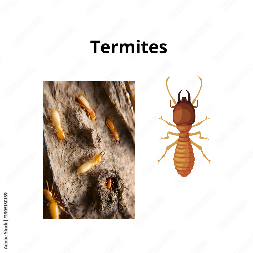 Termites destroying wood and realistic illustration of a soldier ...