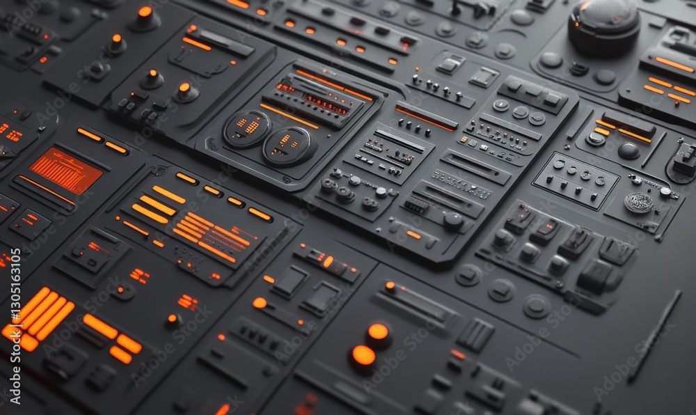Sci-fi control panel with glowing buttons and sliders in spaceship cockpit Stock Illustration ...