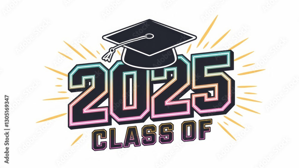 Class of 2025 Neon Graduation Emblem with Tossed Cap and Confetti ...