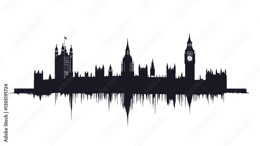 A stylized black and white illustration depicting the London skyline as ...