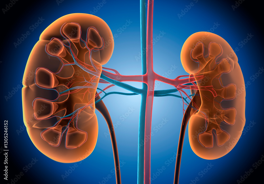 3D illustration of human kidneys with cross-section with blue x ray ...