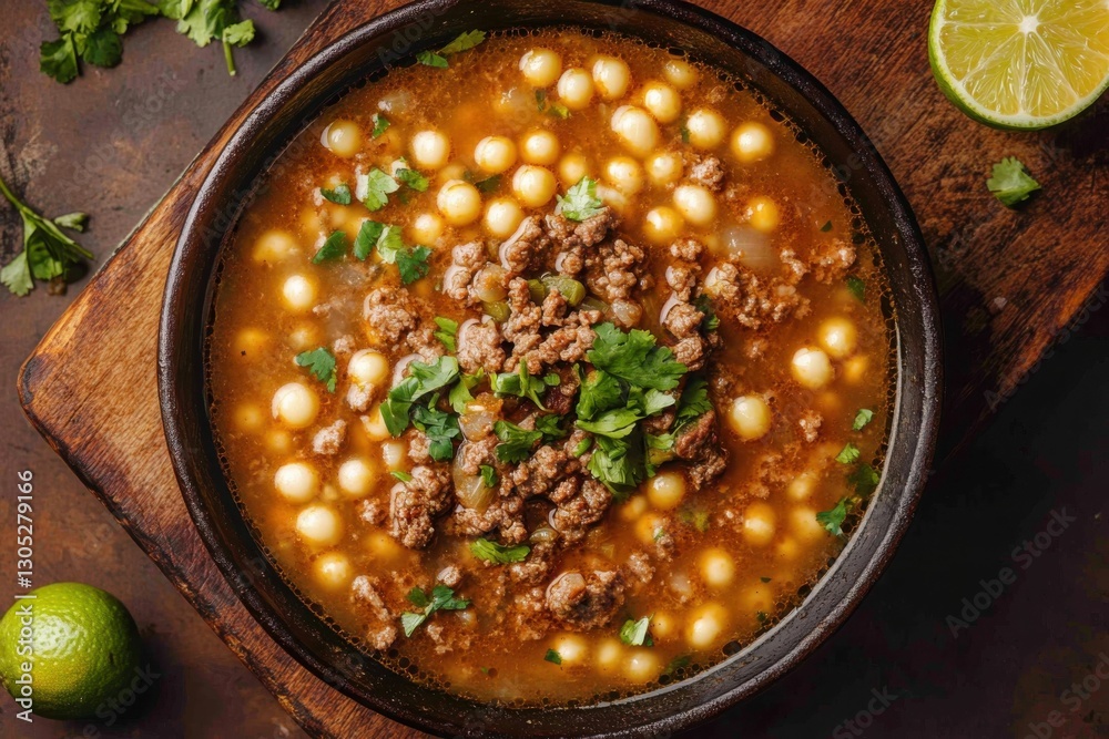 Hominy Pozole Rojo Soup with Minced Beef, Corn, and Ancho Paprika in ...