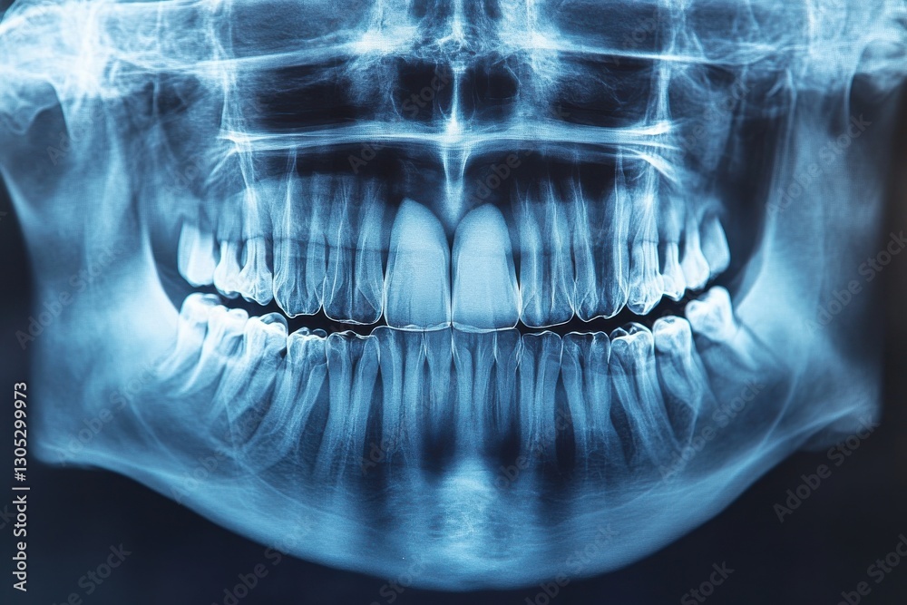 Detailed dental X-ray showing upper and lower teeth alignment and root ...
