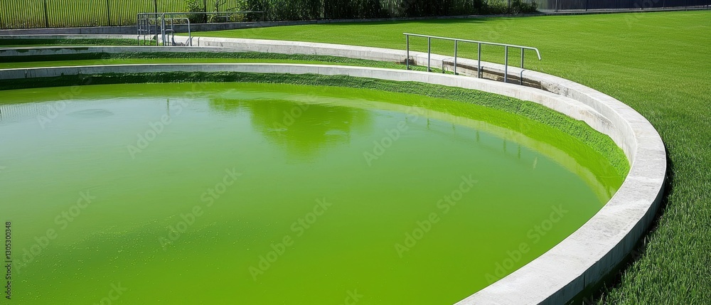 Circular sedimentation basins in a wastewater facility, featuring murky ...