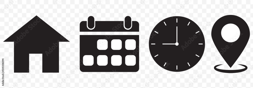place, time and date icon set. position, clock and calendar symbol. business vector design ...