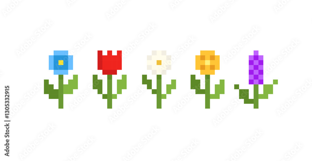 Pixel Art flowers and plants collection in retro 8-bit game grapics ...