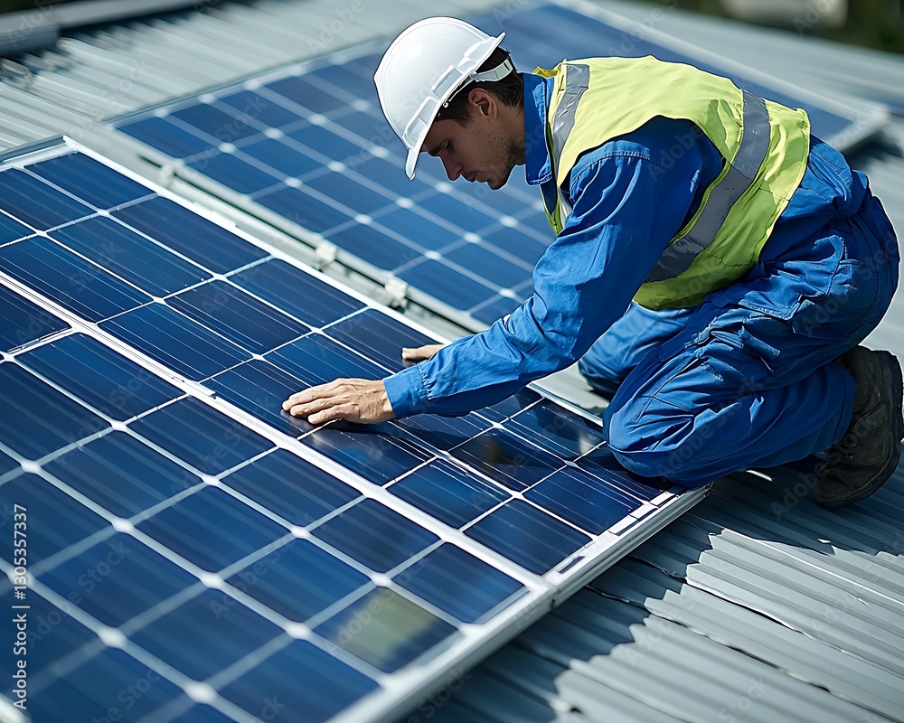 Installer fixing solar panels on rooftop Stock Photo | Adobe Stock