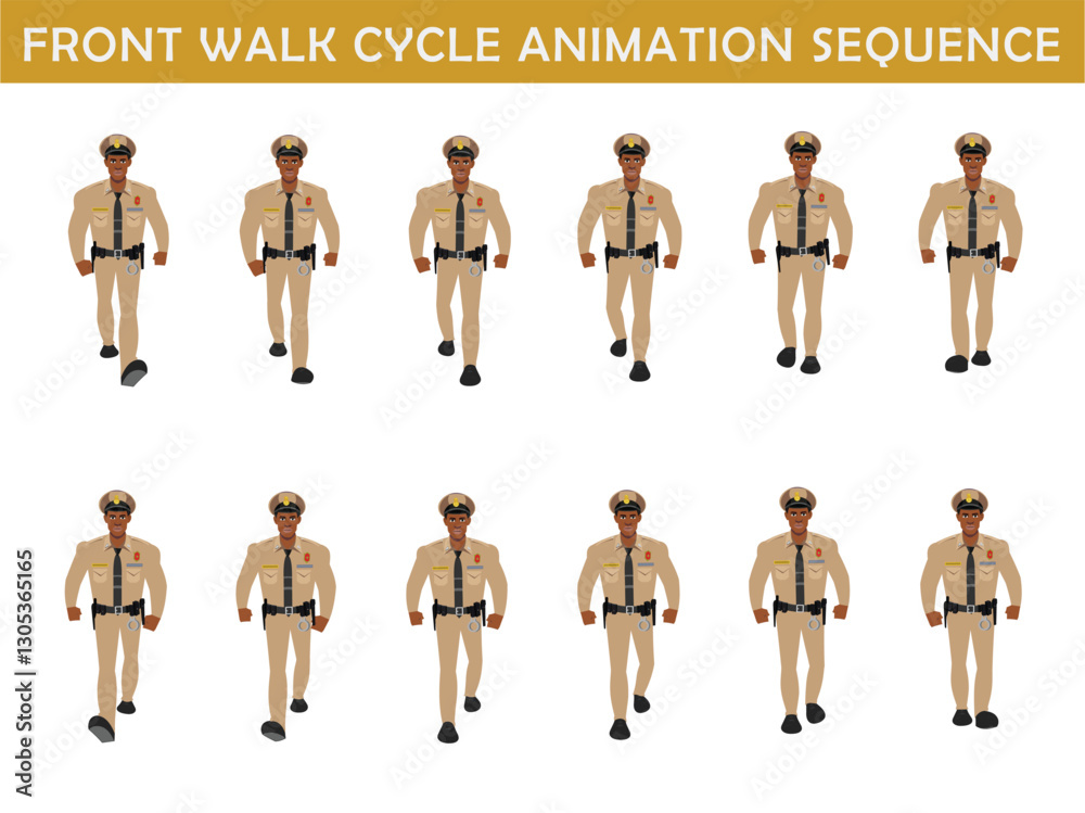 Police Officer Character walk cycle animation sequence. Front walk frame by frame animation ...