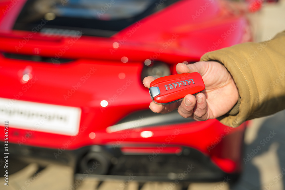 Slovenia, Ljubljana - 22 Feb 2025: Red Ferrari F8 Tributo luxury sports ...