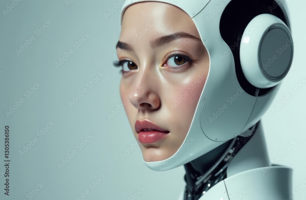 Asian cyborg woman with a machine part of her face. Virtual reality ...