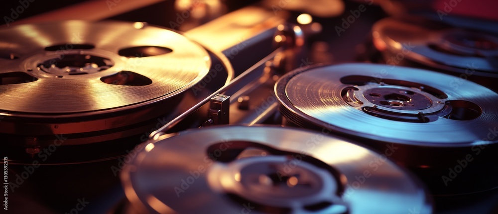 Close-up of vintage reel-to-reel tape recorders in warm light ...