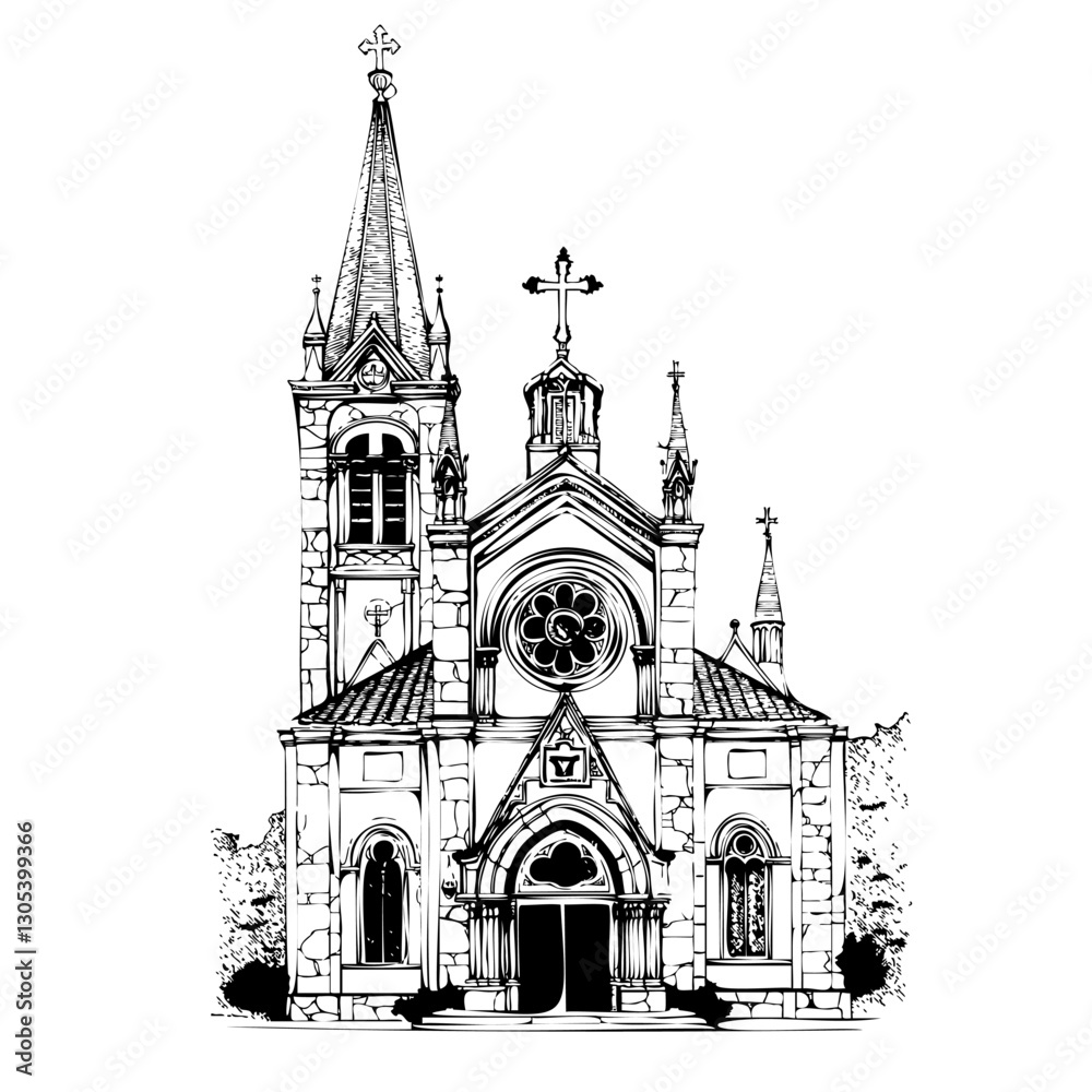 Elegant cathedral drawing with detailed gothic architecture and rose ...