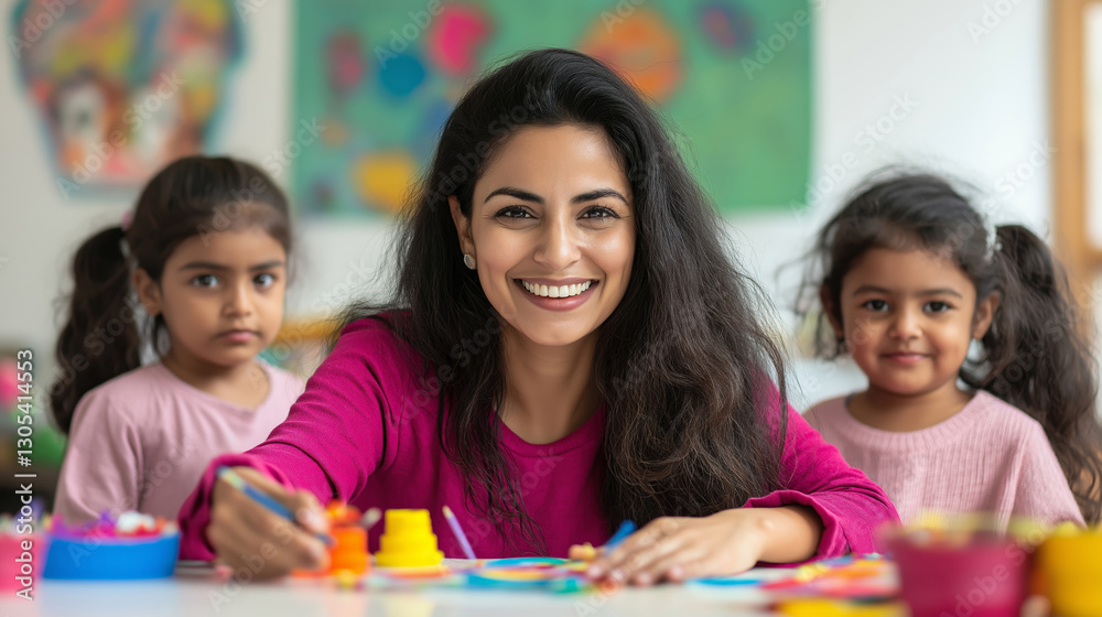 Indian preschool teacher enjoying painting activity with two little ...