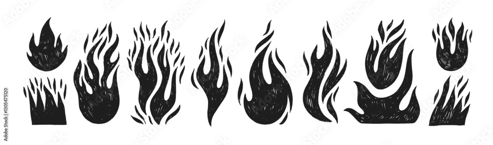 Crayon drawn fire flames icons collection. Hand drawn doodle flames ...