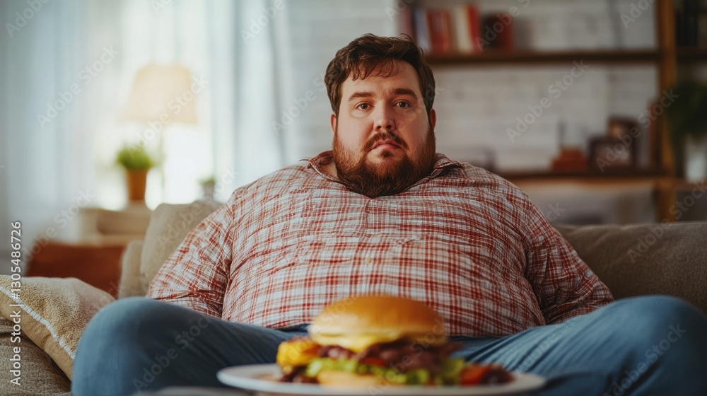 Fat man eating fast food hamberger. Breakfast for overweight person ...