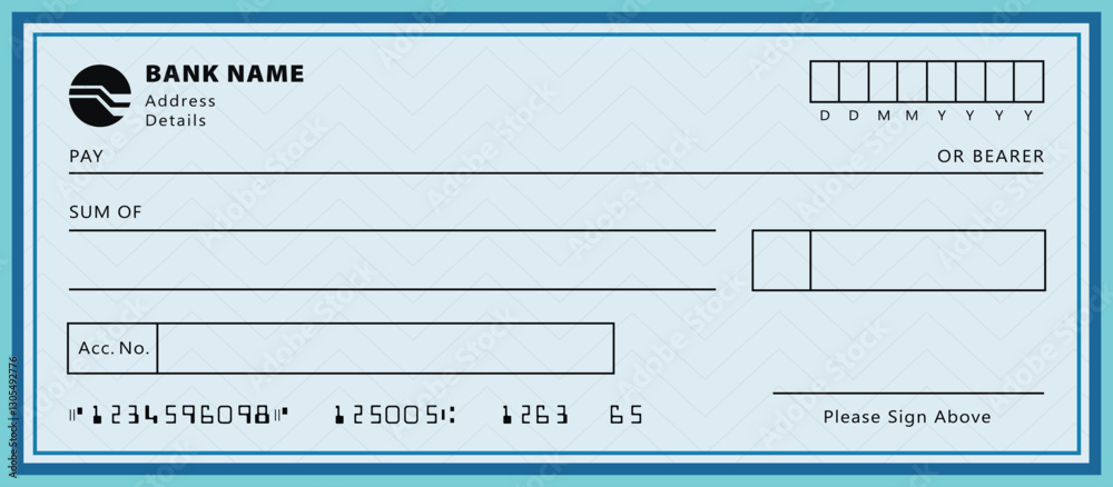 Blank money cheque. Bank check. Blue Check book template with pattern ...