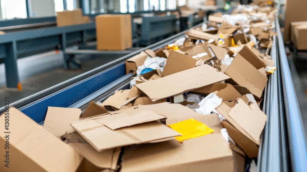 Cardboard boxes on conveyor belt, in waste sorting plant for recycling ...