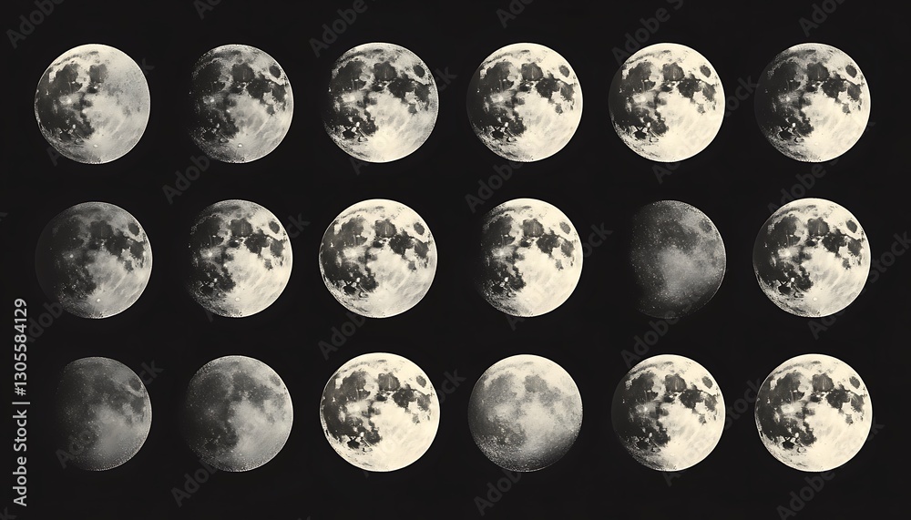 Phases of the Moon shown across the night sky Stock Illustration ...