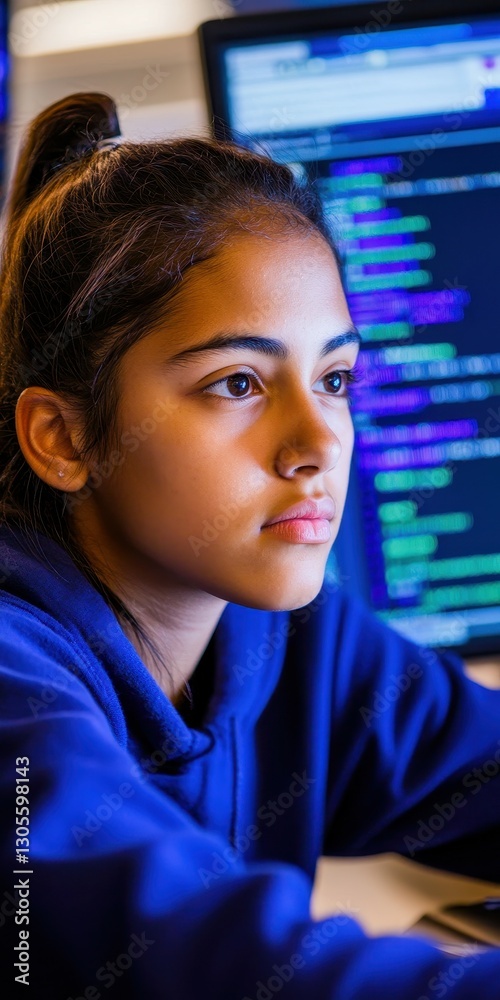 A serious young girl works intently on coding at her computer desk, surrounded by glowing ...
