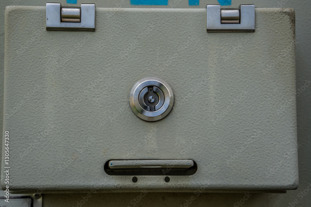 old rusty metal safe key, door with safety box with locked vault door ...