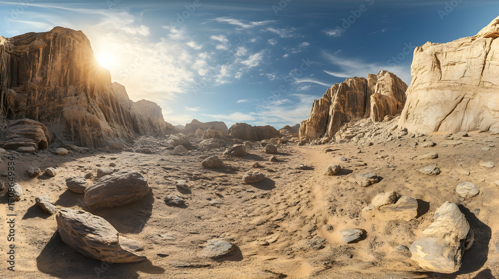Desert canyon with stratified rock formations in 360-degree HDRI ...
