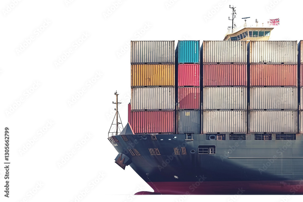 Container ship with multiple layers of stacked cargo isolated on ...