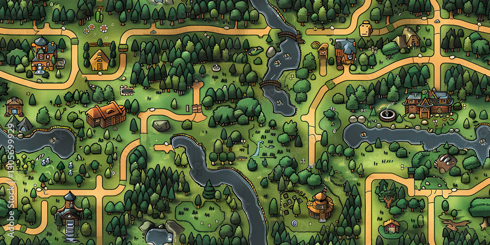 Illustrated map of an enchanted forest with rivers, paths, and houses ...