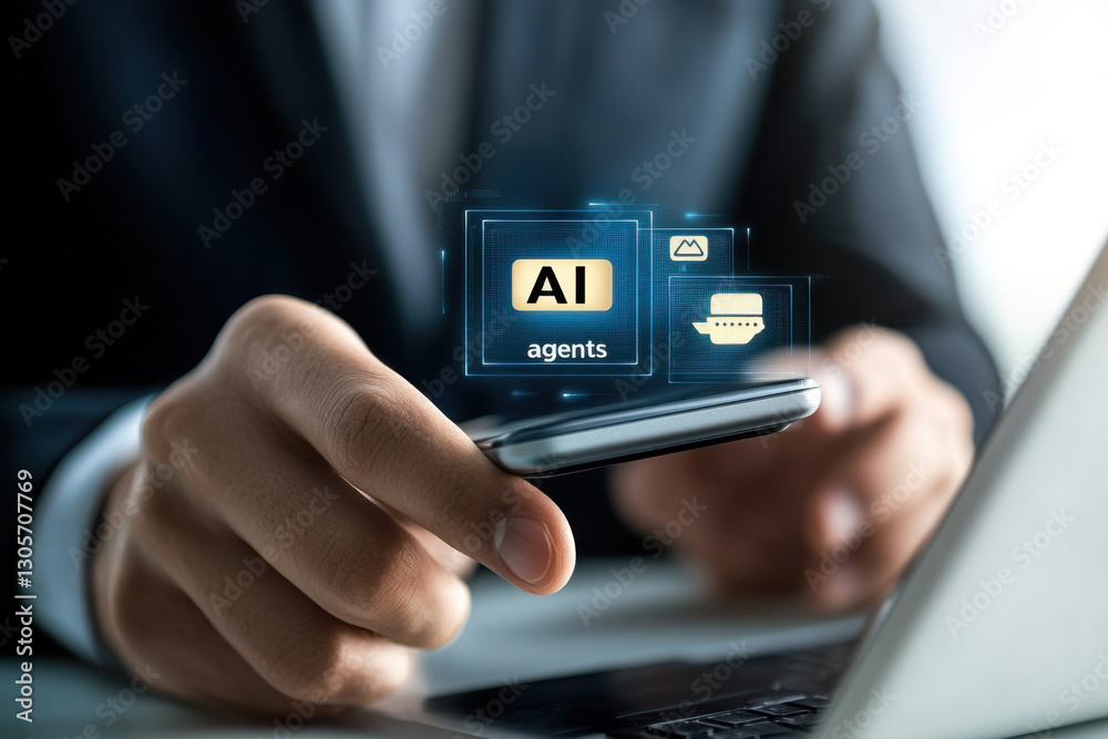 AI Agents and Assistants, Young Man Uses AI Agents on Smartphone to ...